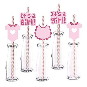 Pink It's a Girl Straw Decor, 24-Pack Girl Baby Shower Or Birthday Party Supply Decorations, Paper Decorative Straws