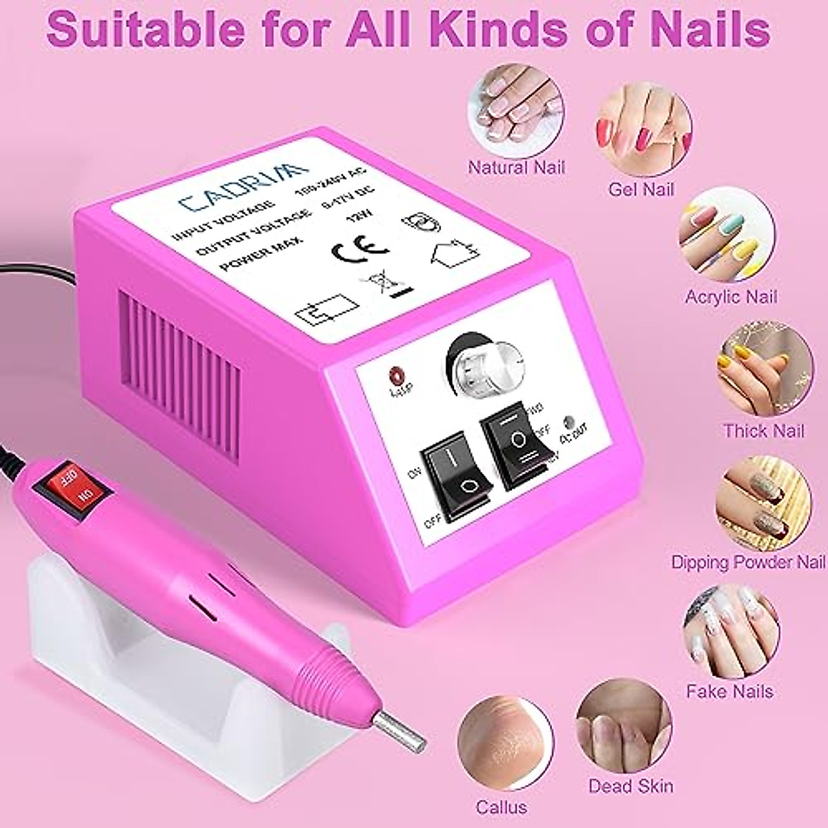 Electric Nail Drill, Cadrim Nail Drill Machine, Nail Electric Drill for Acrylic Nails Gel Nail Glazing Nail Drill Nail Art Polisher Sets Glazing Nail Drill Fast Manicure Pedicure, Pink