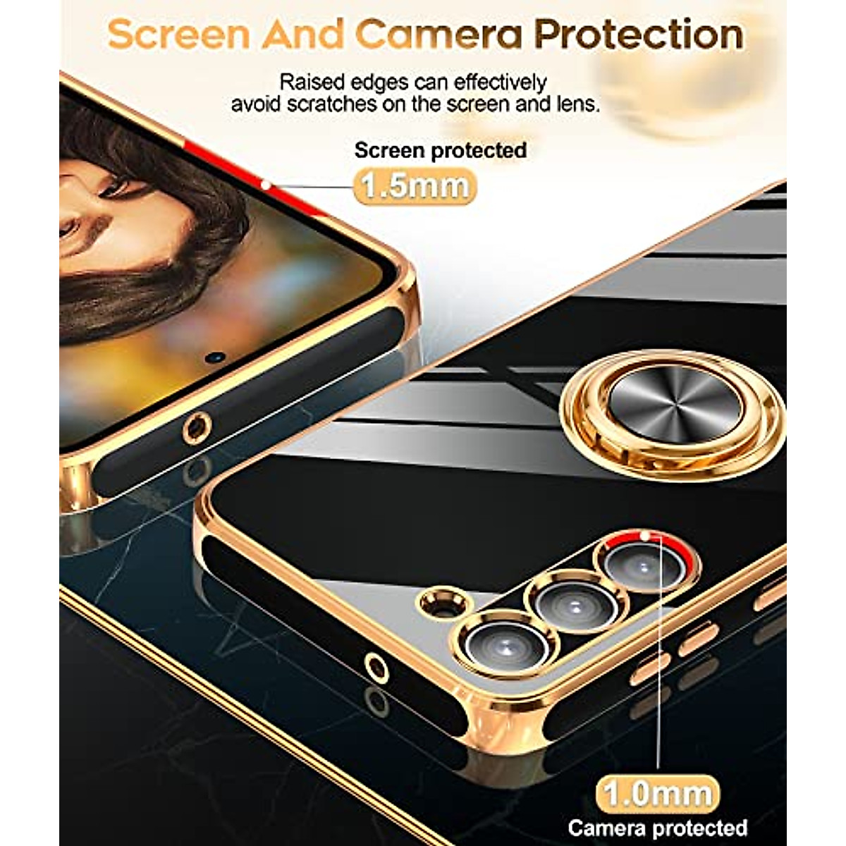 LeYi for Samsung Galaxy S23 Case 360° Rotatable Ring Holder Magnetic Kickstand, Plating Rose Gold Edge Protective Case, Black