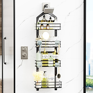 Orimade Adjustable Anti-Slip Hanging Shower Caddy Over Shower Head,Rustproof Bathroom Hanging Shower Organizer with 4 Hooks for Razor,No Drilling Shower Shelves Storage Rack,Black 4 Tier