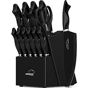 Knife Set, 15 Pieces Kitchen Knife Set with Built in Sharpener, German High Carbon Stainless Steel Knife Block Set, Dishwasher Safe, Black