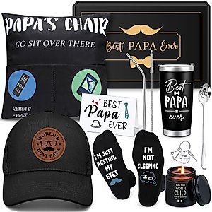 VitalCozy 9 Pcs Papa Gifts for Christmas Grandpa Birthday Gifts from Grandkids Daughter Include Pillow Cover Tumbler Spoon Keychain Socks Hat Card Scented Candle Gift Box for Dad Papa Thank You Gifts