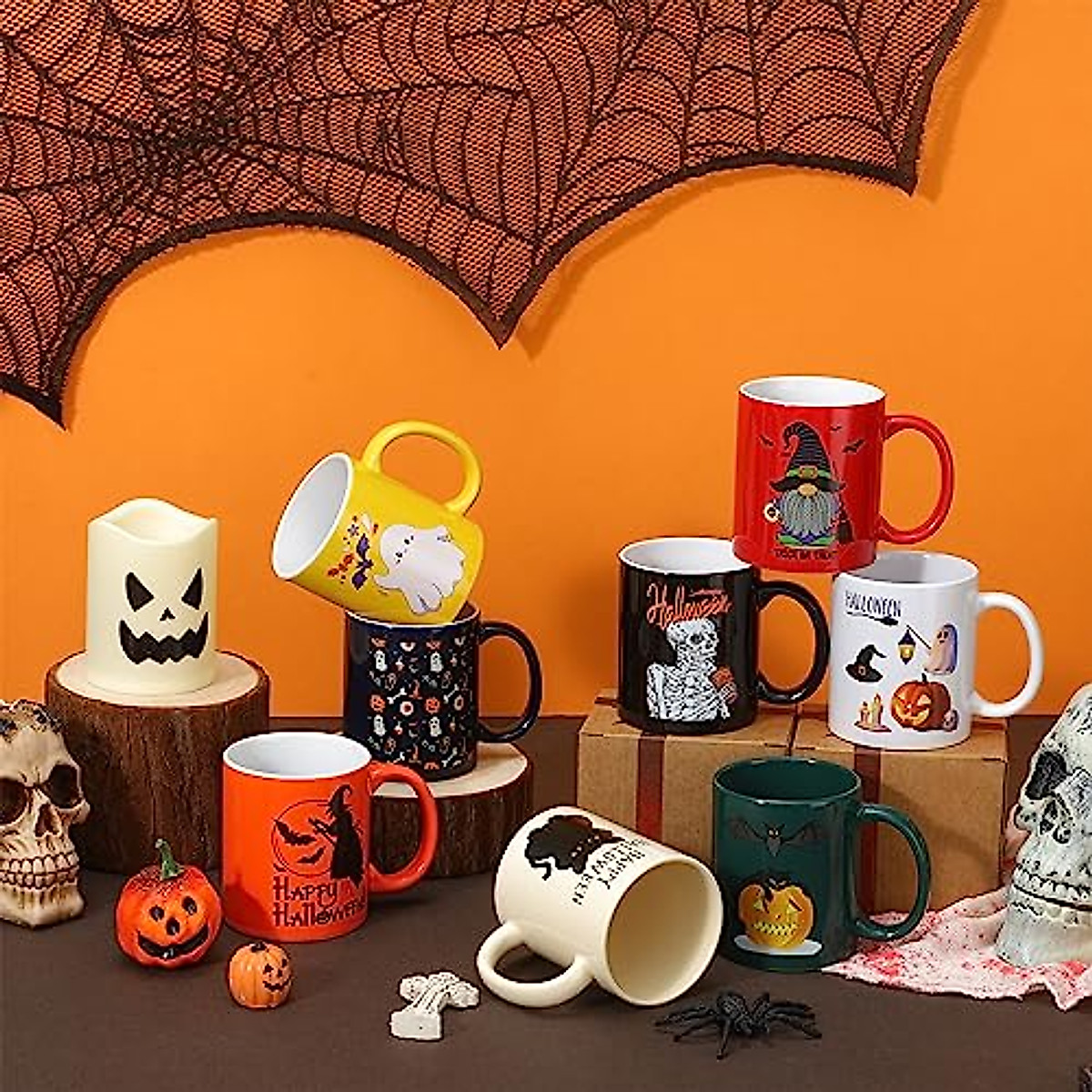 Maxdot 8 Pieces Halloween Mugs 12oz Mug Set Halloween Coffee Mugs with Handle Halloween Ceramic Matching Mugs for Home School Office Table Centerpieces Housewarming Holiday Party Gift