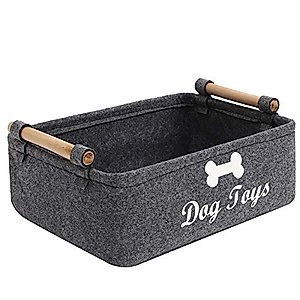 Geyecete Dog Toys Storage Bins - with Wooden Handle,Decorative Basket Rectangular Soft Felt Storage Bin Organizer Basket Pet Supplies Storage Basket/Bin Kids Toy Chest Storage Trunk(Dog-Grey)