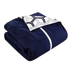 Chic Home Marcia 4 Piece Comforter Set Printed Pinch Pleated Ruffled and Reversible Geometric Design with Decorative Pillow and Sham, Full/Queen, Navy