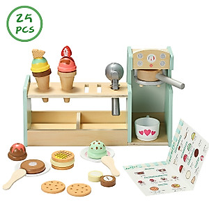 Giant bean Wooden Ice Cream, Coffee and Frozen Treat 3-in-1 Counter Playset, 25 PCS Toddler Pretend Play Kitchen Accessories, Kids Wooden Toys for 1+, Christmas Birthday Gift for Kids