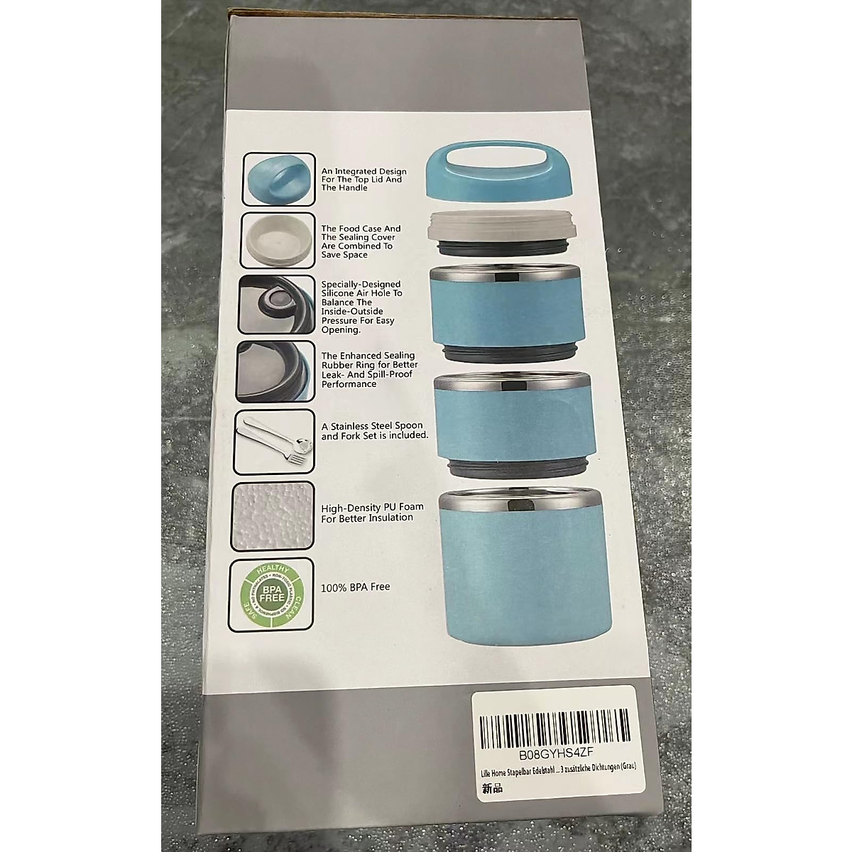 Lille Home Stackable Stainless Steel Thermal Compartment Lunch/Snack Box, 3-Tier Insulated Bento/Food Container with Upgraded Lunch Bag, Portable Cutlery Set and 3 Extra Silicone Seals, 43 OZ, Gray