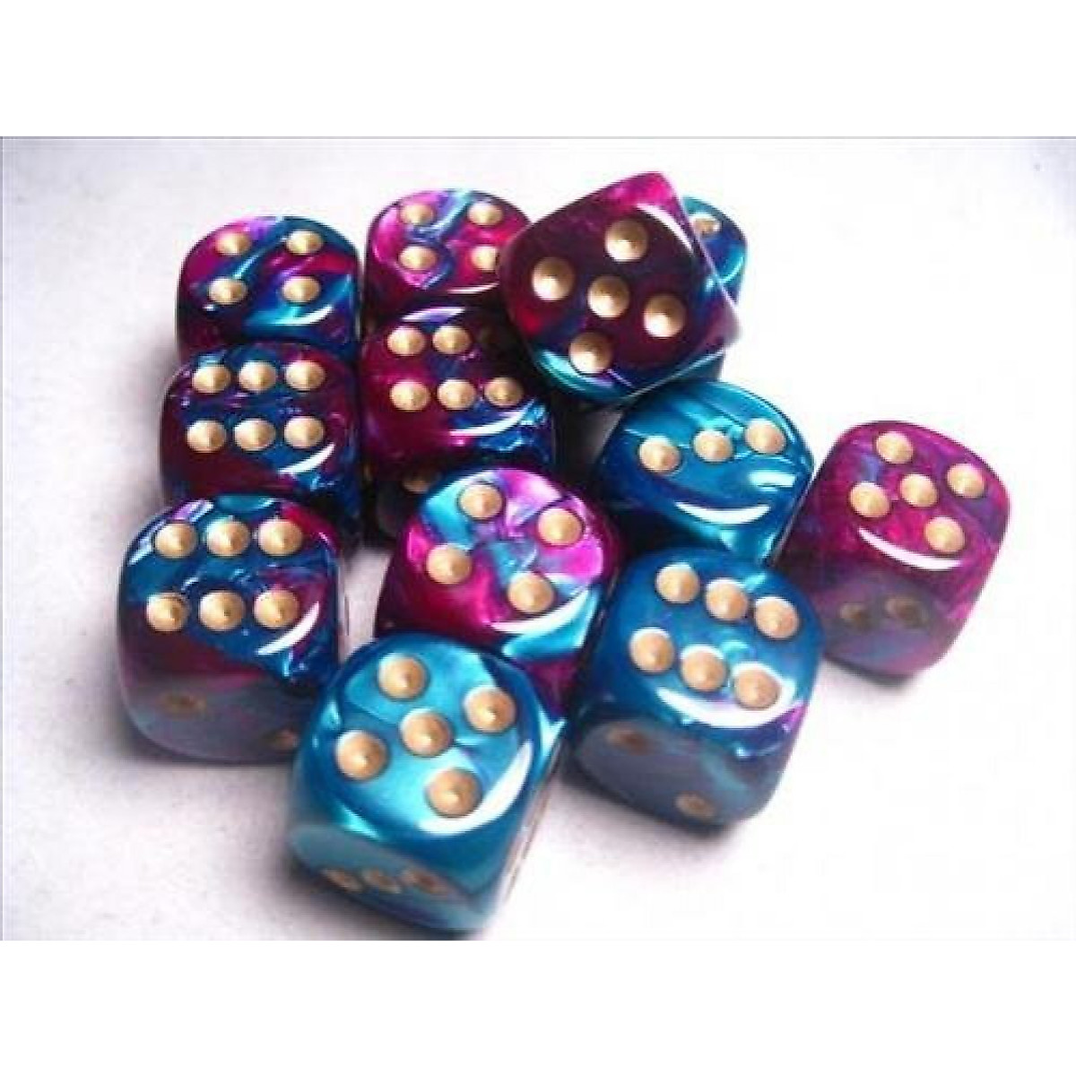 Chessex Dice d6 Sets: Gemini Purple & Teal with Gold - 16mm Six Sided Die (12) Block of Dice