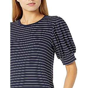 Amazon Essentials Women's Supersoft Terry Relaxed-Fit Short-Sleeve Puff-Sleeve Dress (Previously Daily Ritual), Navy White Mini Stripe, Large