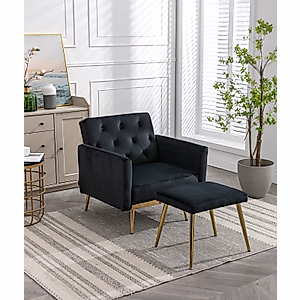 KINFFICT Velvet Accent Sofa Chair with Ottoman, Upholstered Comfy Lounge Armchair with Adjustable Armrests and Backrest, Living Room Single Recliner with Tufted Button Back, Black