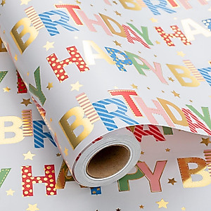Merture Colorful Wrapping Paper Roll, Happy Birthday Gift Wrap - 17 In X 32.8 Ft - 1 Roll (46.5 sq.ft.ttl.) Foil Happy Birthday Lettering & Candles Wrapping Paper for Birthday, Baby Shower, Party