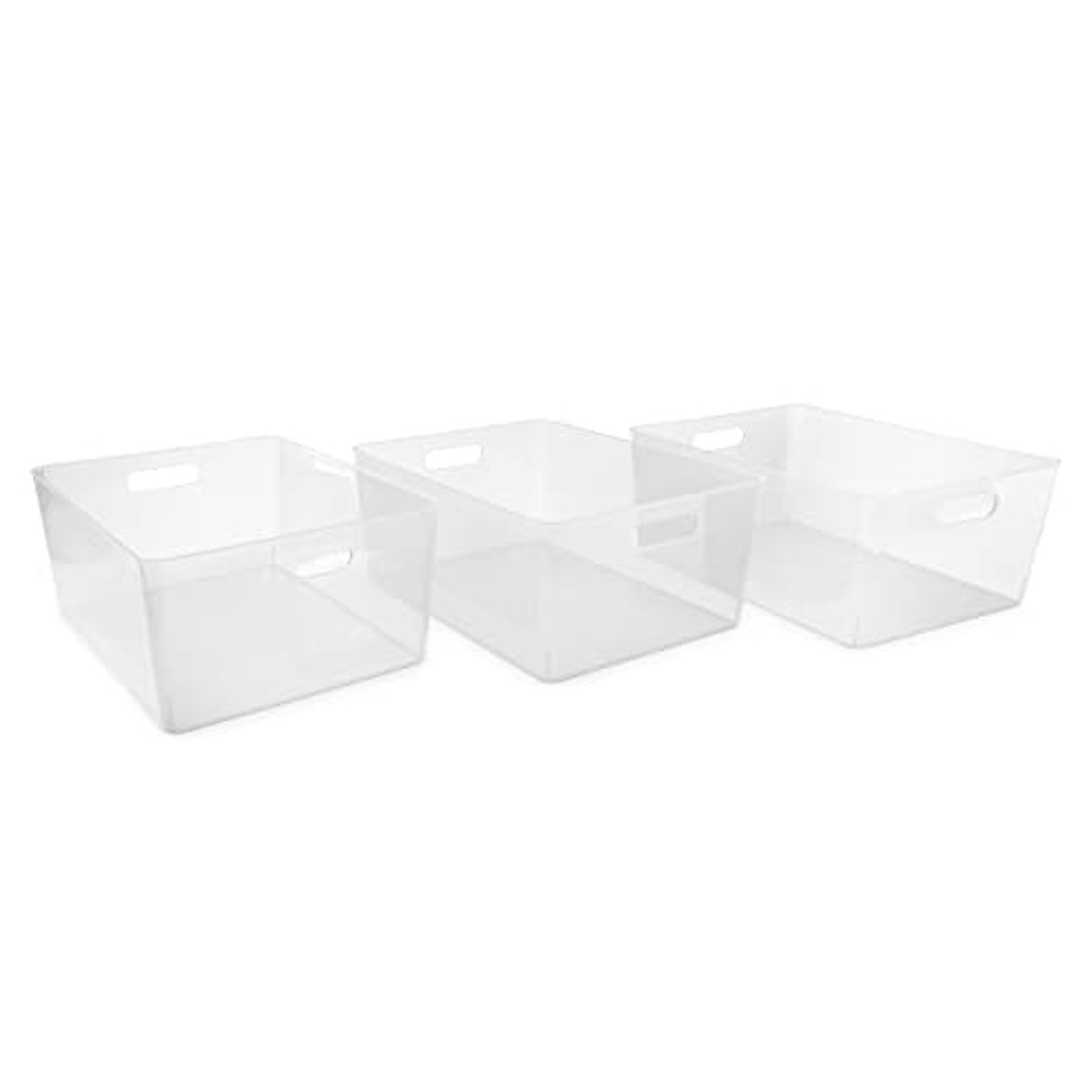 Isaac Jacobs 3-Pack XL Clear Storage Bin (13.9” x 10.6” x 5.75”) Set w/ Cut-Out Handles, Plastic Organizer, Multi-Use, Home, Office, Pantry, Closet, Kitchen