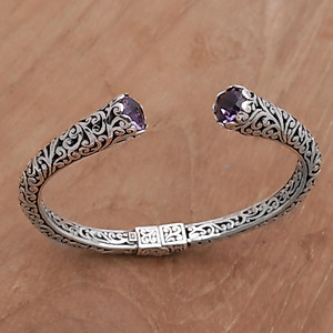 NOVICA Artisan Amethyst Cuff Bracelet and 925 Sterling Silver Spiral Motif Purple Indonesia Birthstone [6.25 in L (end to End) x 0.3 in W] ' Spiral Engagement'