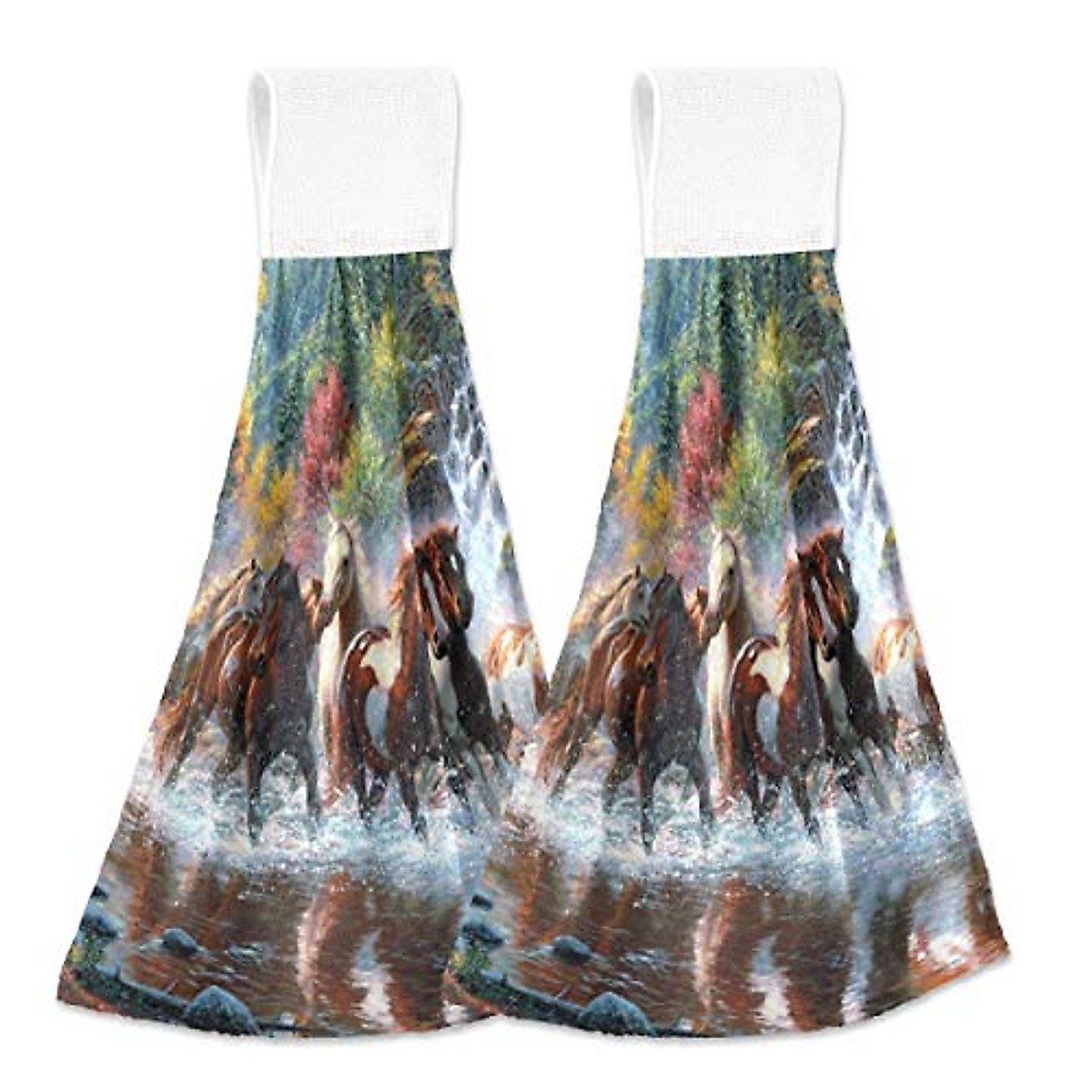 Emelivor Kitchen Hand Towels Hanging Loop Horses Running Super Absorbent Hand Dry Towels 12'' x 17'' Soft Dish Wipe Cloth for Home - Set of 2