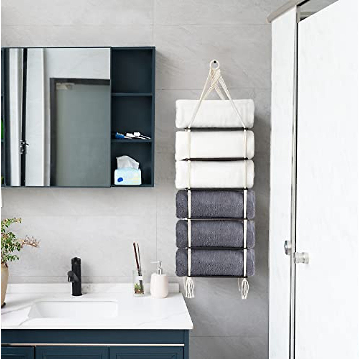 Mkono Macrame Towel Holder Over The Door Towel Rack for Bathroom Storage for Rollded Towels Hand Towels, 6 Tier Scarf Hanger Wood Hanging Shelves for Bedroom Living Room Entry