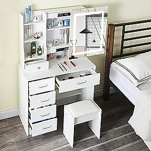 JBLCC Makeup Vaniy with Lights,Vanity with Lighted Mirror and Chair, Vanity Table with Lights and Drawers,Vanity Makeup Desk with Stool and Storage Shelves,Bedroom Furniture White (Modern 07led)