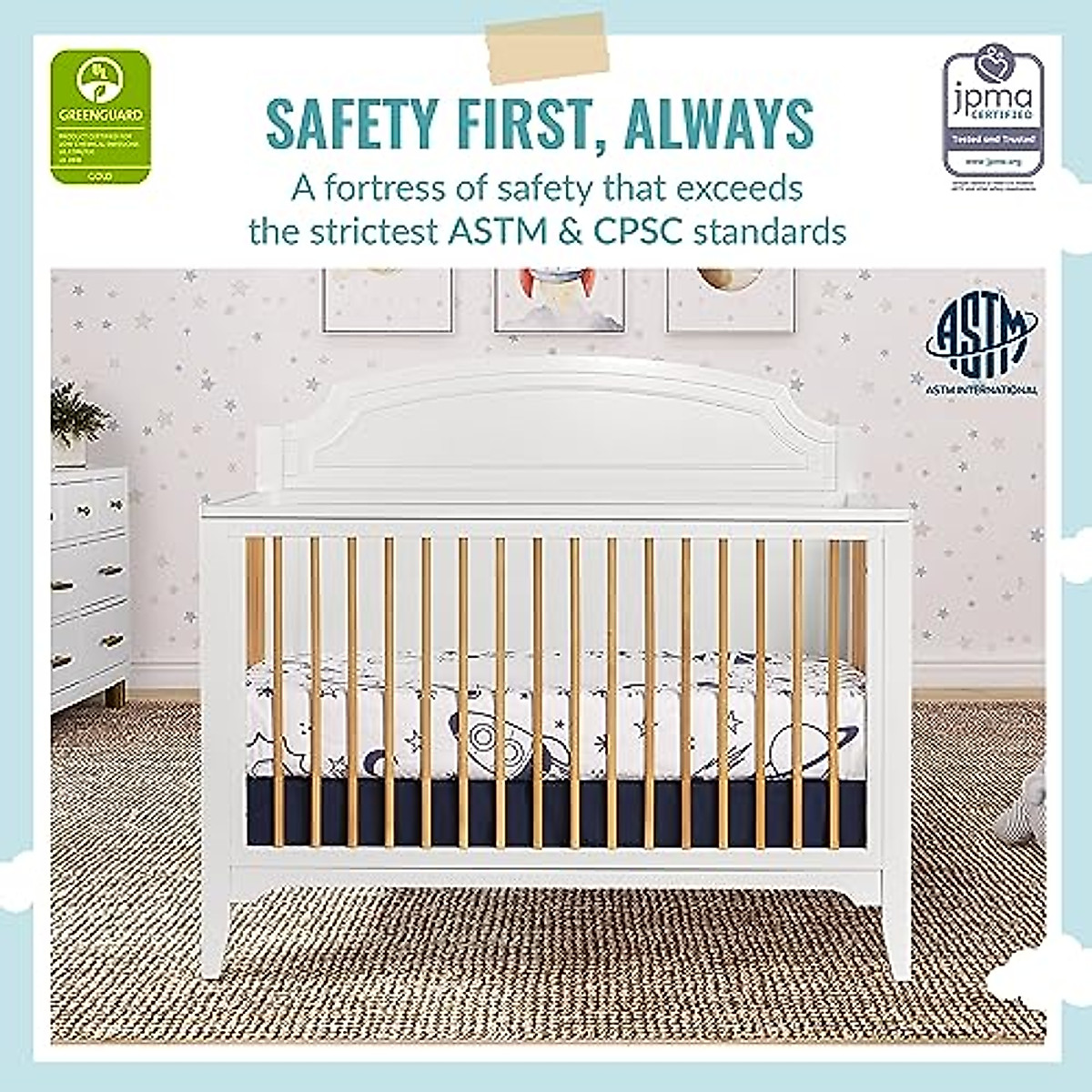 Dream On Me JPMA & Greenguard Gold Certified Milton 5-in-1 Convertible Crib Made with Sustainable New Zealand Pinewood in White and Natural, Non-Toxic Finish