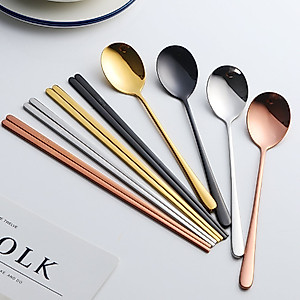 Buyer Star 4 Set Chopsticks Spoon Set, 4 Color Reusable Metal Stainless Steel Korean Chopstix Spoon Set Christmas Gift