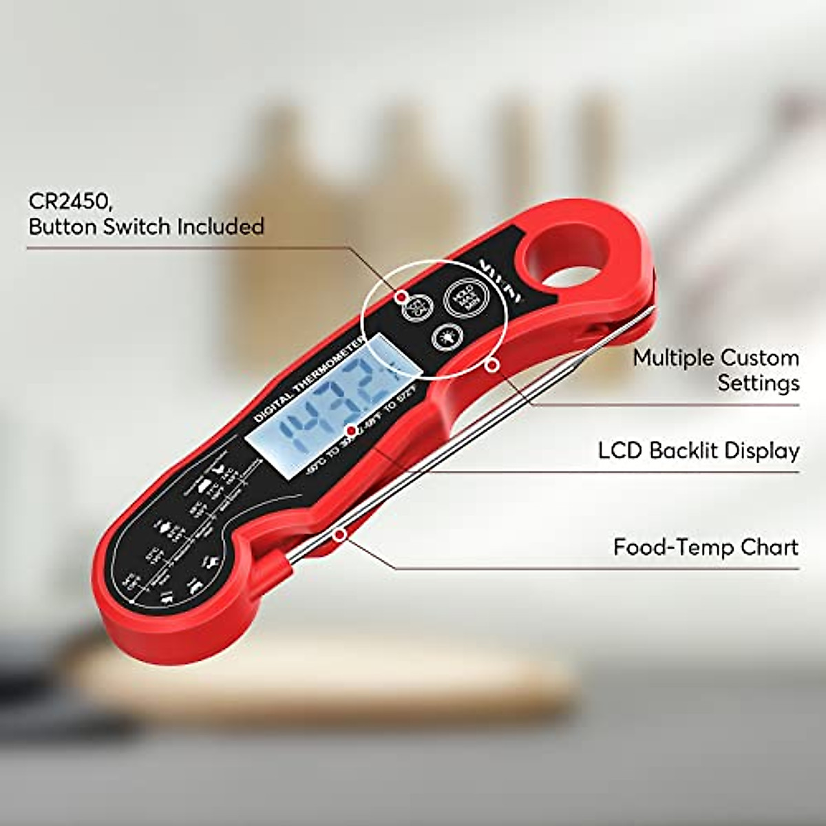 ANDAXIN Instant Read Meat Thermometer for Grill and Cooking, Waterproof Ultra-Fast Thermometer with Backlight & Calibration, Digital Food Thermometer for Cooking, Deep Fry, BBQ, Grill(Red/Black)