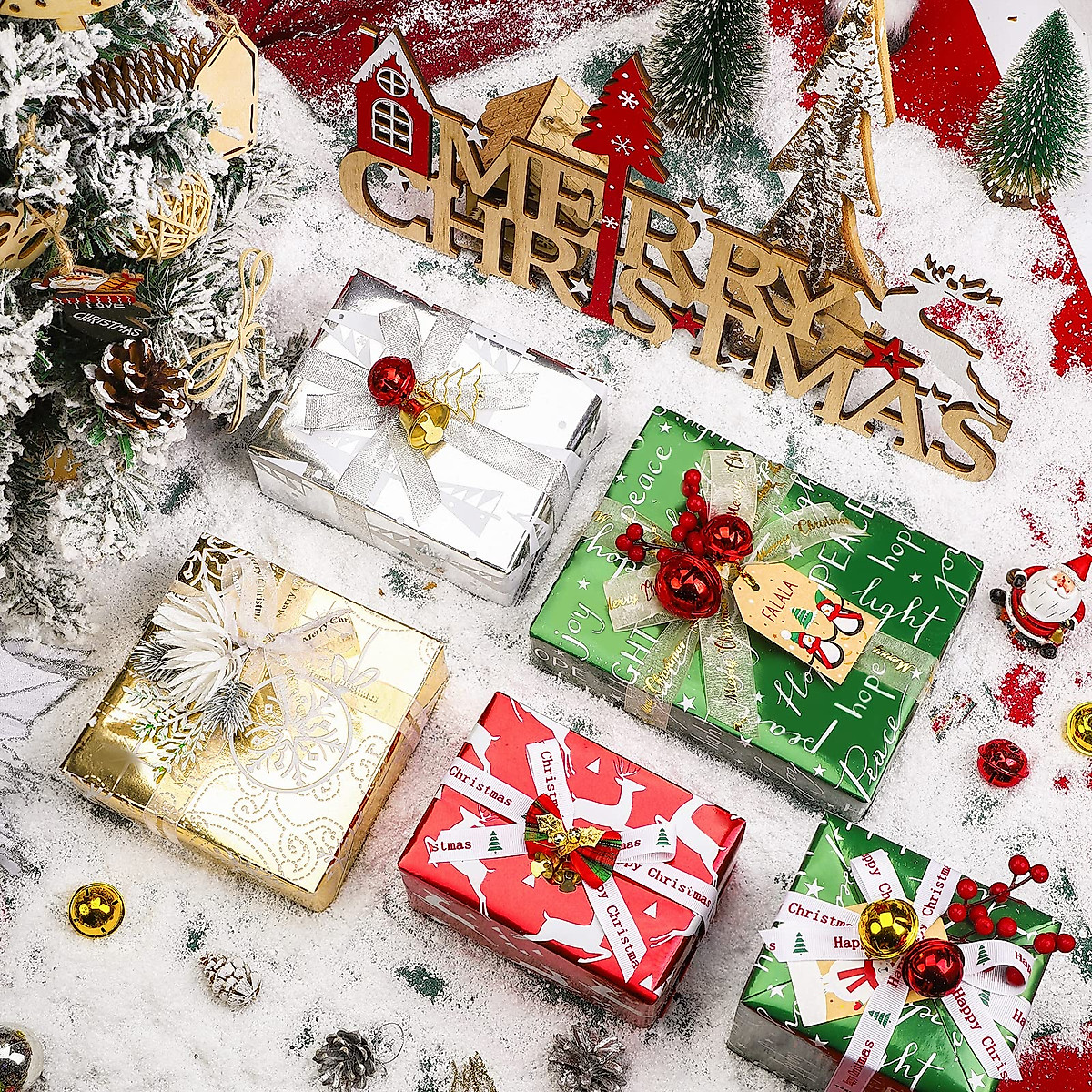 WRAPAHOLIC Christmas Wrapping Paper Roll - Red Green Gold and Silver Snowflakes Trees Holiday Collection with Metallic Foil Shine - 4 Rolls - 30 Inch x 120 Inch Per Roll