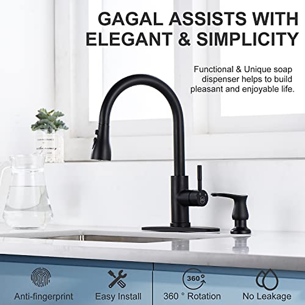 GAGALIFE Sink Soap Dispenser Matte Black, Built in Soap Dispenser with 13 OZ Bottle, Lotion Dispenser for Kitchen Sink, Refill from The Top