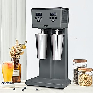 VEVOR Milkshake Maker, 375W x 2 Electric Milkshake Machine, Commercial Double Heads Drink Mixer Blender, LED Intelligent Microswitch, 3-Speed Milkshake Mixer with 2 x 820 ml Stainless Steel Cups