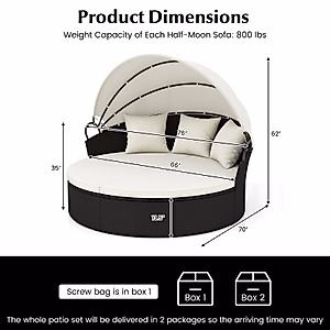 Tangkula Outdoor Patio Round Daybed with Retractable Canopy, Black Rattan Wicker Furniture Sectional Seating with Cushions and Throw Pillows, Seating Separates Cushioned Seats for Backyard (Off White)