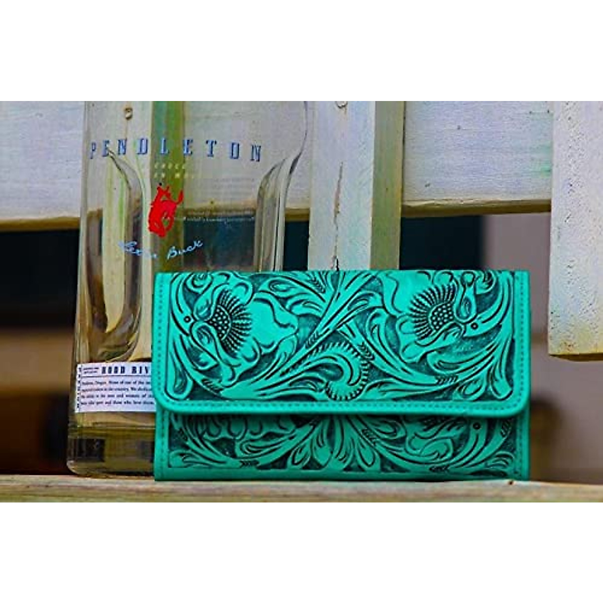 Virginia Handbags Handmade Womens Wallet. Rich and Deep Hand Tooling. (Turquoise)