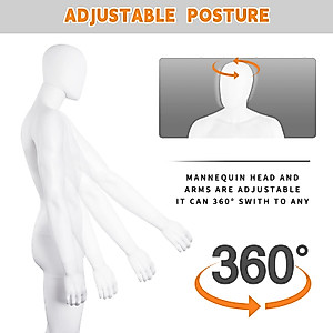 Male Dress Form Mannequin Full Body Adjustable Model Maniquin Stand Realistic Display Maniquine Head Metal Base for Clothing Shops, White Matte 73 inch