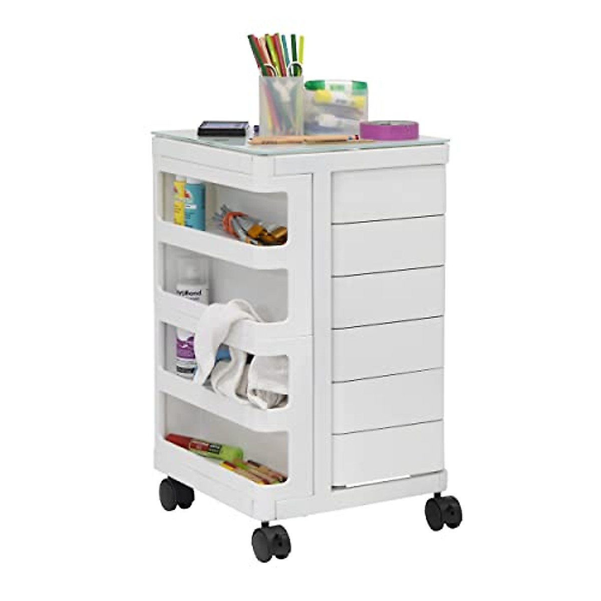 Kubx Rotating 4-Sided Mobile Storage Organizer with Glass Top Multiple Compartments