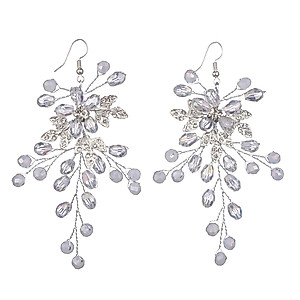 BERYUAN Crystal Flower Earings for Women Beads Wedding Earrings for Brides Bridal Bridesmaids Earrings Prom Earrings Accessories Esthetics (Silver)