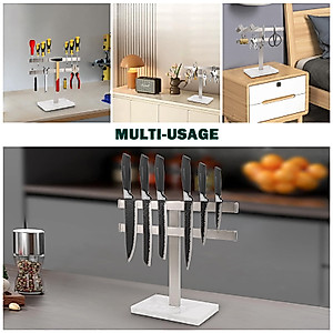 BathAce Magnetic Knife Block Holder Stand with Marble Base for Countertop, Stainless Steel Knife Rack with Strong Enhanced Magnets Strip for Kitchen Utensil and Tool Organizers, Brushed Nickel