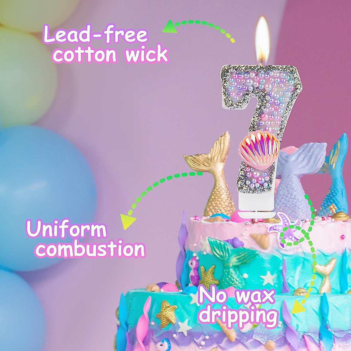 iNINGER Girls Glitter 7th Birthday Number Candle,Glitter Mermaid Number 7 Candle with Pink Shell Sequins,Pink Purple Pearls Cake Candles for Girls Mermaid Themed Birthday Decorations Party Supplies