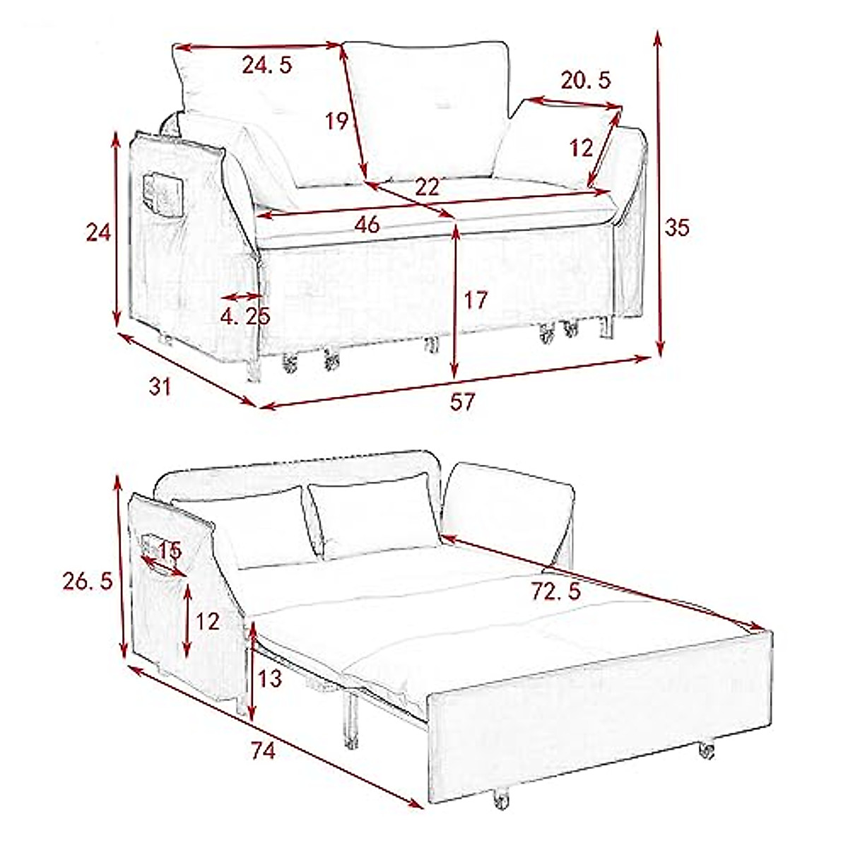 JEEOHEY Pull Out Sleeper Sofa Bed,Convertible Loveseats Sofa Chair,Revesible Velvet Fabric Couch Bed with Cushions&Throw Pillows for Living Room/Apartment/Office/Small Place (Orange)