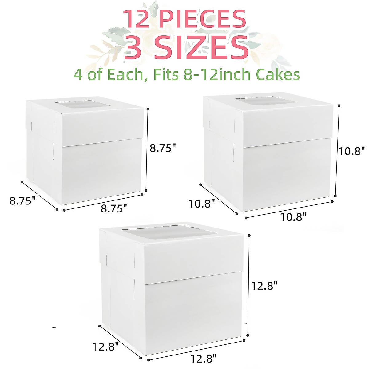 LotFancy Tall Cake Boxes with Window, 3 Sizes 12Pcs 12 x12 x 12, 10 x10 x 10 and 8 x 8 x 8 Inch Cake Carrier, White Bakery Boxes, Cardboard Cake Containers for Wedding Birthday