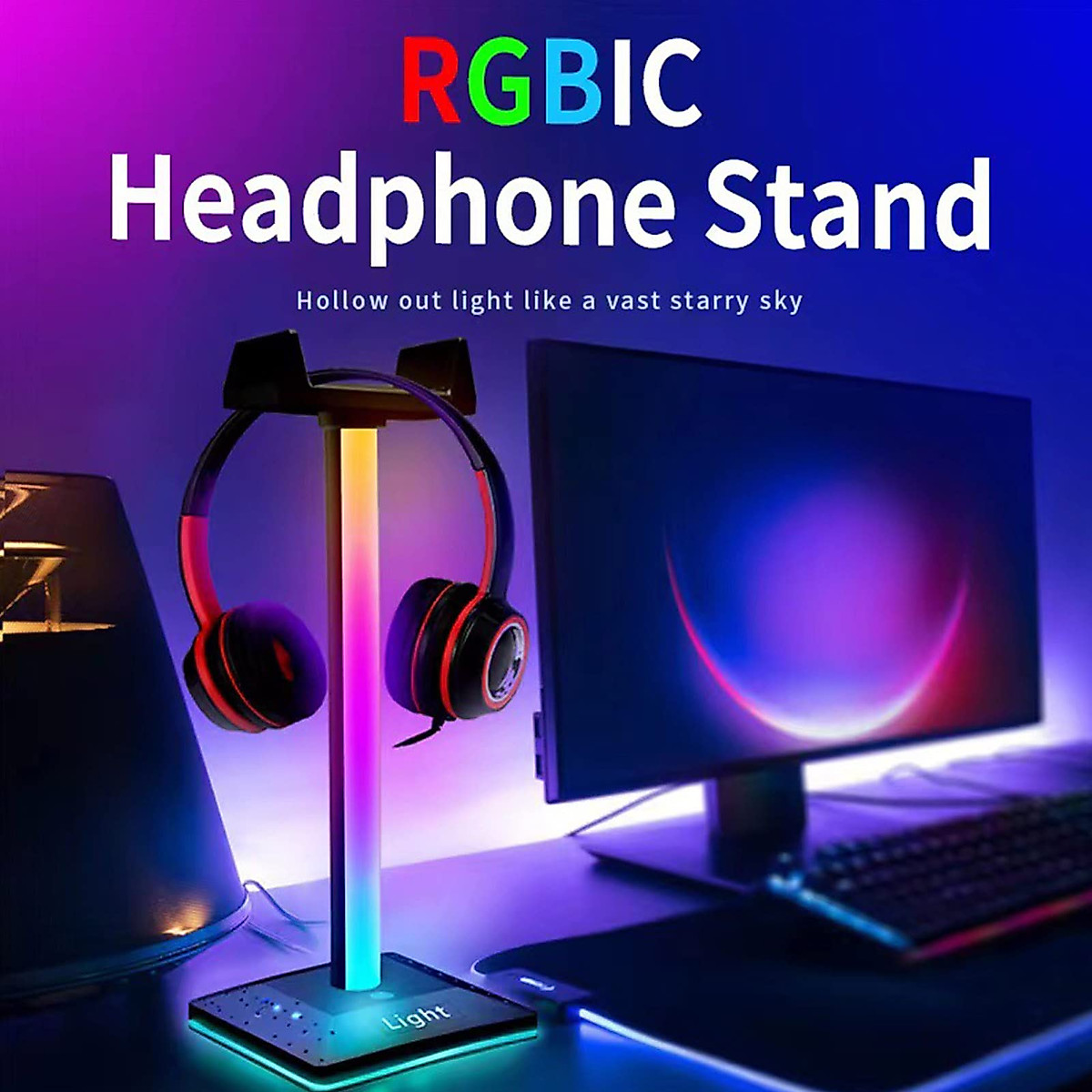 MOCIUN USB Gaming Desktop Headphone Display Stand, RGB Gaming Headphone Stand with Usb2.0 Hub and 3.5mm Port Audio T-ouch Control Led Strip Lamp (A)