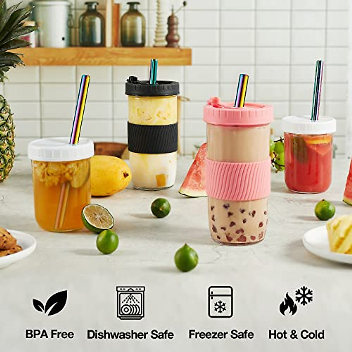 Mfacoy (4 Pack x 2 Size Boba Cup, 24oz & 16oz Bubble Tea Cup, Smoothie Cups with Lids and Stainless Straws, Reusable Boba Cup, Wide Mouth Mason Jar Drinking Glasses with Silicone Sleeve for Travel