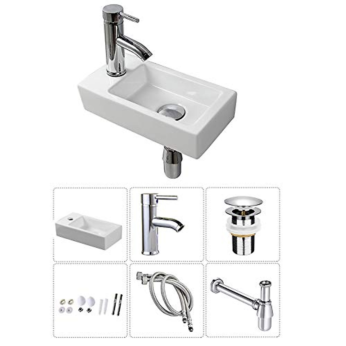 Wall Hung Basin Sink Small Cloakroom Basin Rectangle Ceramic Wash Basin Left Hand with Tap & Drain(Art Deco)