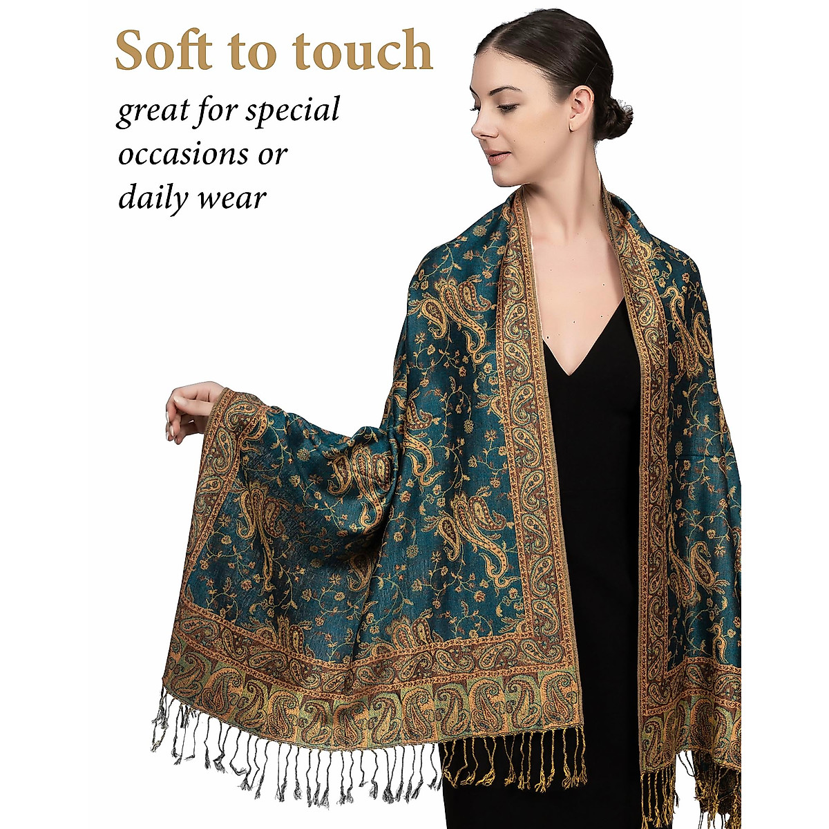 Achillea Soft Silky Reversible Paisley Pashmina Shawl Wrap Scarf w/Fringes (Dark Seagreen)