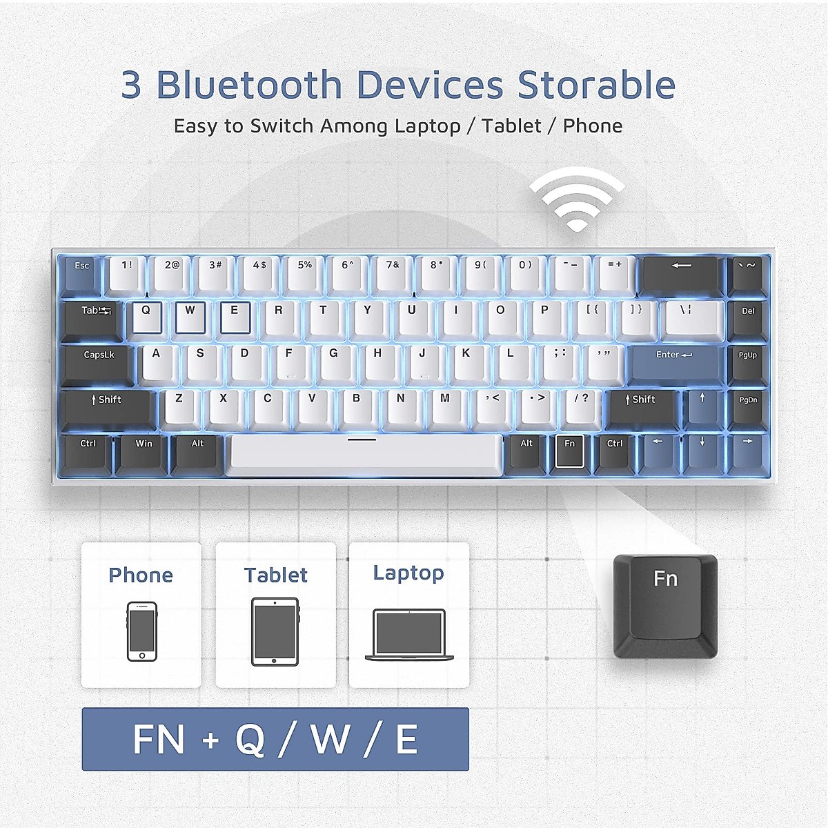 FL ESPORTS F12 65% Three-Mode Wireless Mechanical Keyboard, 68 Keys RGB BT 5.0/2.4Ghz Gaming Keyboard, Smooth Quiet Kailh BOX Red Switch, PBT Keycaps, Durable Battery, Tranquility Blue
