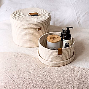 DENJA & CO Round Baskets with Lids - Set of 2 Decorative Baskets with Lids for Organizing - Natural Cotton Rope Lidded Baskets with Genuine Leather Tabs and Handles - Storage Baskets with Lids
