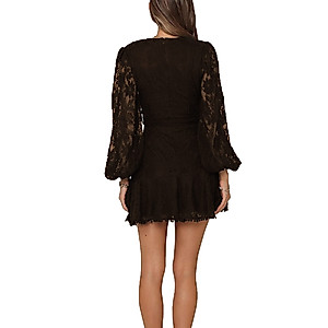 Women Longsleeve Ruffle Wrap Lace Mini Dress Deep V-Neck Lantern Sleeve Tie Waist Casual Dress for Wedding Guest Chocolate
