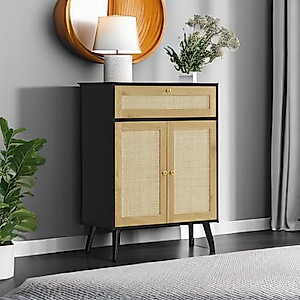 Iwell Storage Cabinet with Adjustable Shelf, Rattan Cabinet with Large Drawer, Accent Cabinet for Dining Room, Entryway, Living Room, Black