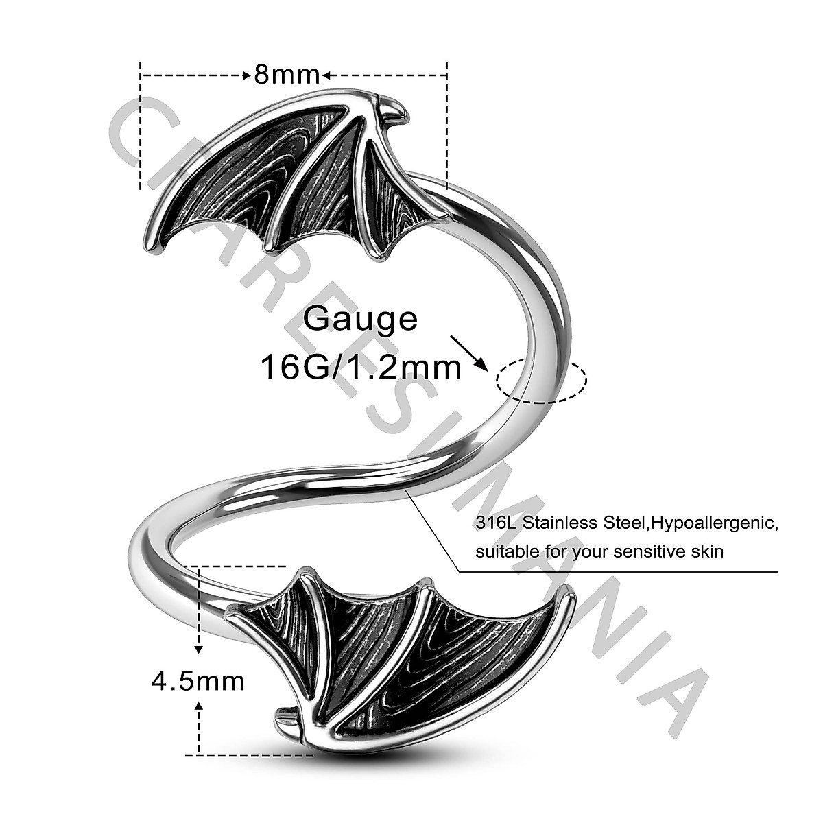 CM Crareesi Mania Bat Twist Helix Earrings 316L Stainless Steel Spiral Barbell 16G Helix Piercing Jewelry for Halloween Conch Tragus Piercing Jewelry