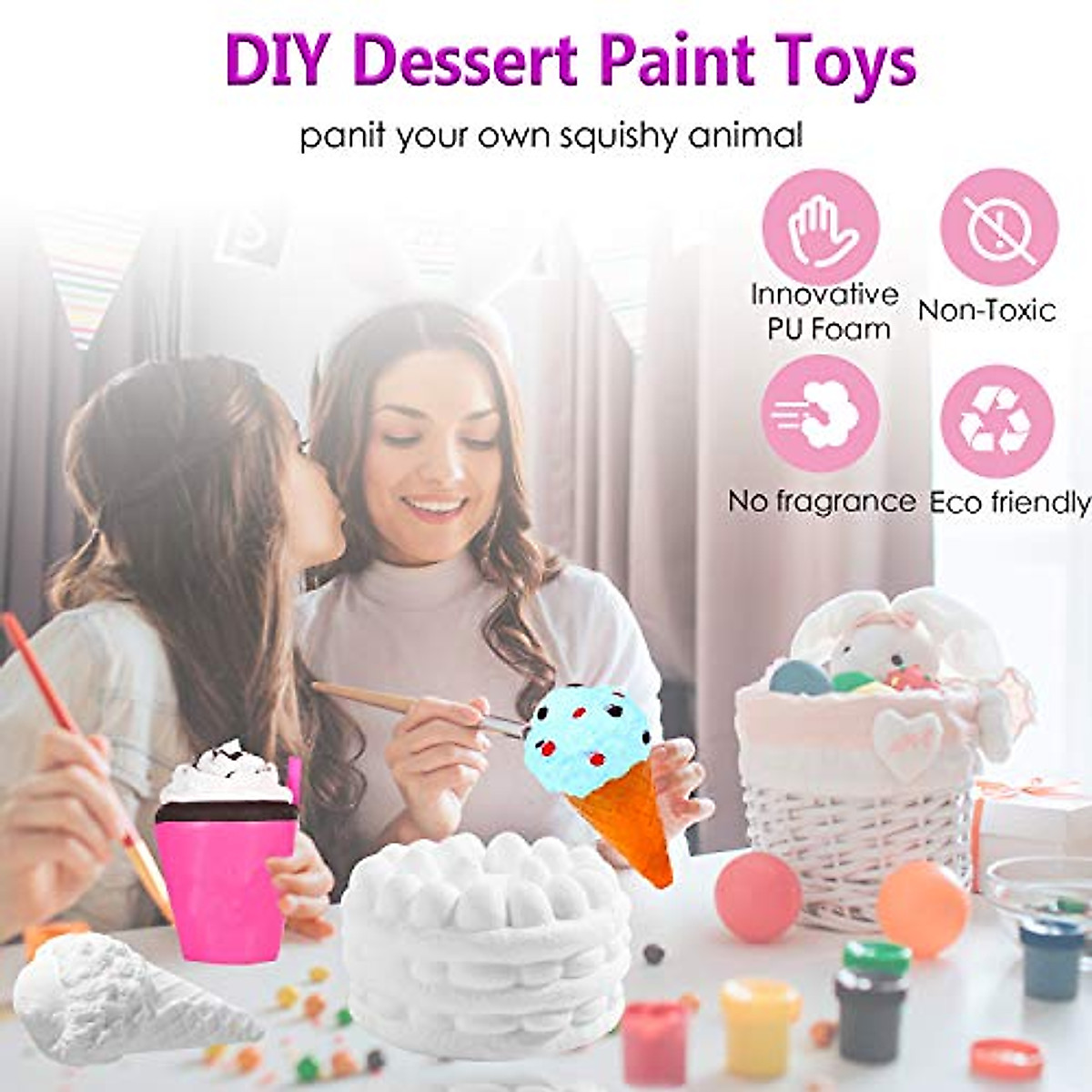 DIY Dessert Paint Your Own Squishies Kit for Kids, Slow Rise Squishies Top Christmas Arts and Crafts Toy for Girl & Boys,Ice Cream Food Squishies Blank White Squishys Creamy Scented Stress Relief Toy