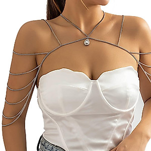 Missgrace Bride Women Rhinestones Shiny Statement Body Chain Jewelry Shawl Silver Dainty Body Jewelry Layered Shoulder Chain Wedding Party Nightclub Body Accessories Jewelry for Women Bride