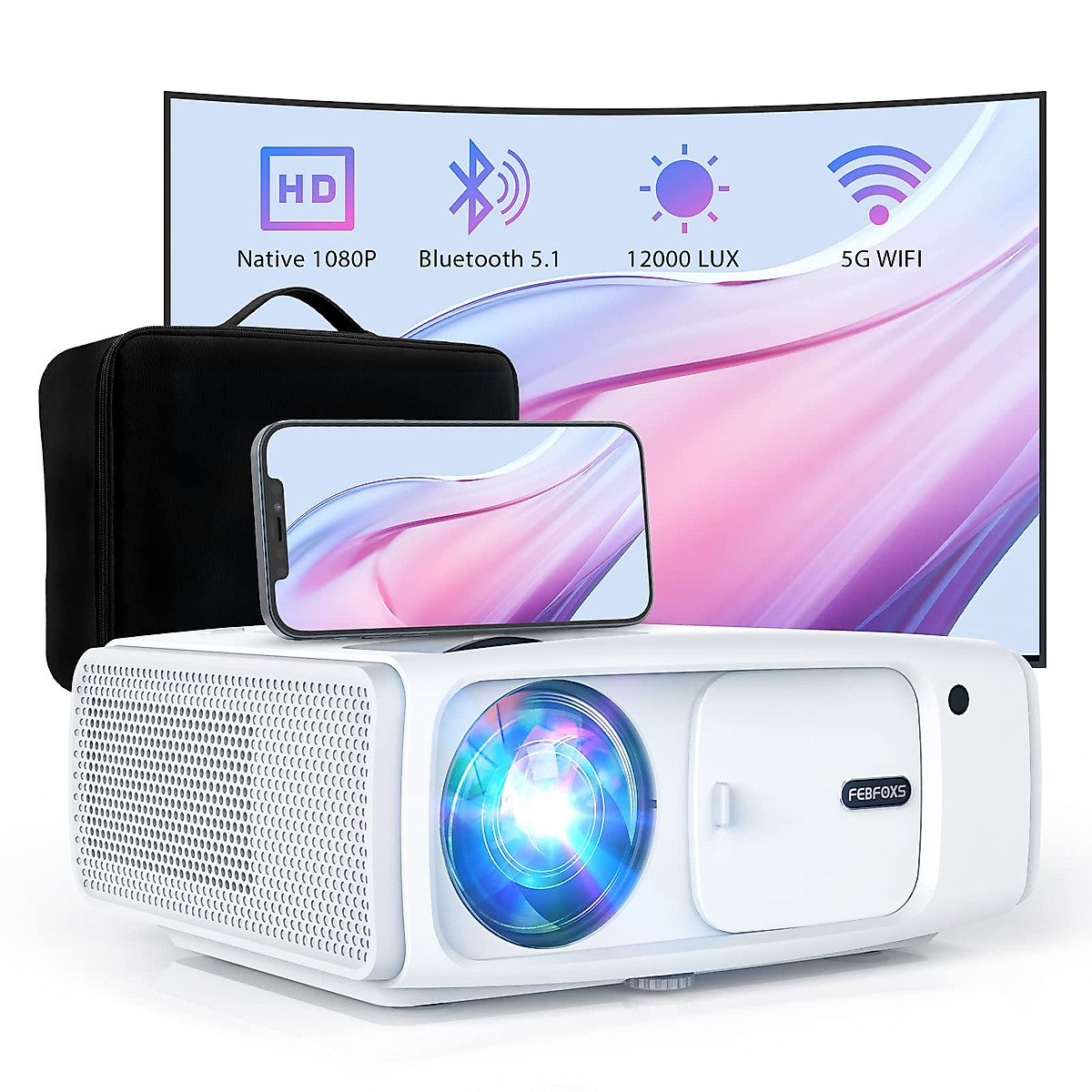 Febfoxs Portable Projector with WiFi and Bluetooth - 9500LUX Native 1080P Outdoor Projector, 400 ANSI Lumens UHD Movie Projector with Bag, Supports 4K & Zoom, Compatible w/Phone/PC/DVD/PS5