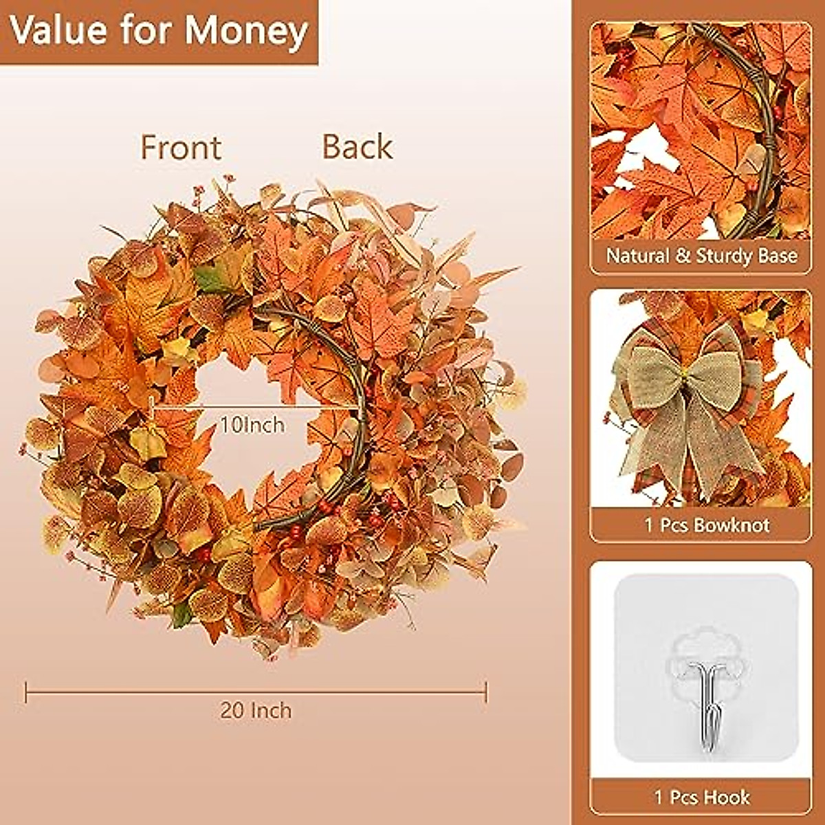 Fall Decor - Fall Wreaths for Front Door - 20 Inch Fall Door Wreath with Bowknot, Artificial Eucalyptus Wreath with Pumpkin Golden Berries Maple Leaves for Thanksgiving Farmhouse Decor