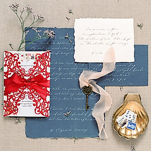 KALOPEZY 25PCS Wedding Invitation Red invitations Red Powder Floral Laser Cut with Blank Inner Sheet Envelopes and Ribbons for Wedding Engagement Bridal Bridal Shower Invite