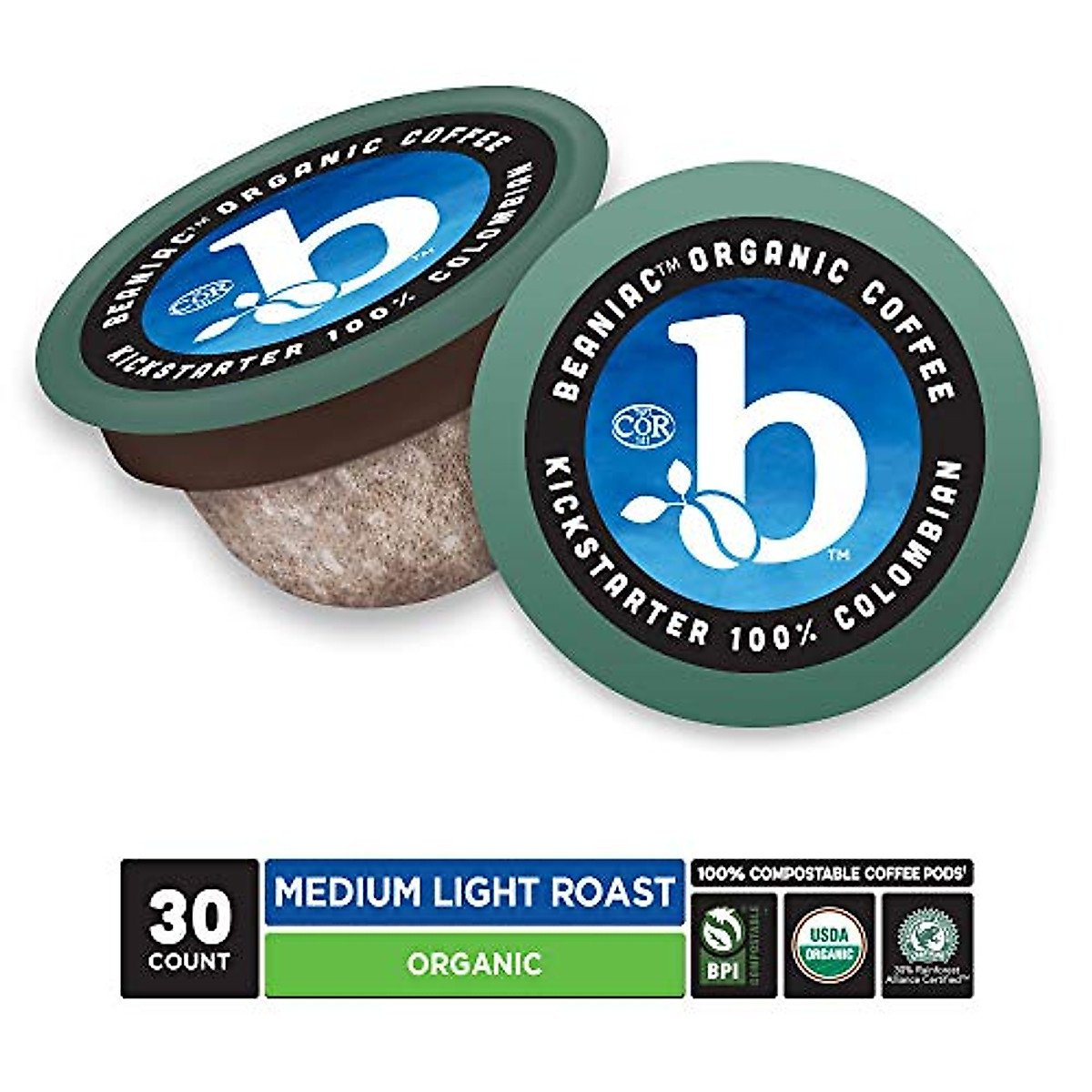 beaniac Organic Kickstarter 100% Colombian | Medium Roast, Single Serve Coffee K Cup Pods | Rainforest Alliance Certified | 30 Compostable, Plant-Based Coffee Pods | Keurig Brewer Compatible